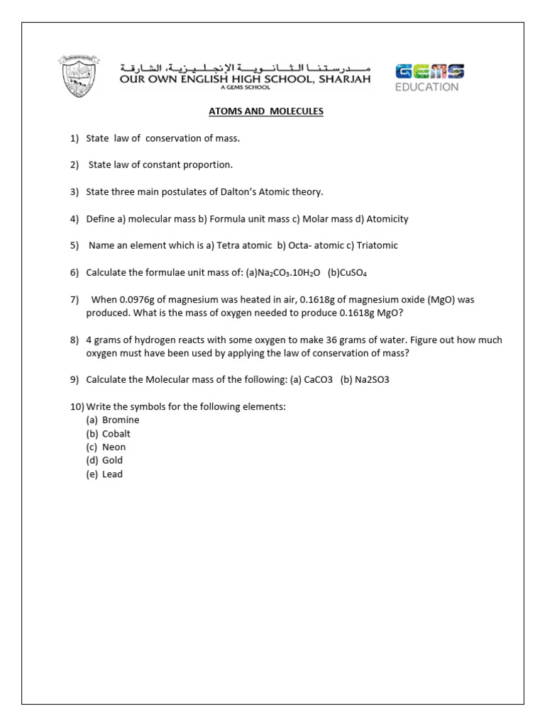 Grade 9 - Atoms and Molecules - Worksheet | PDF