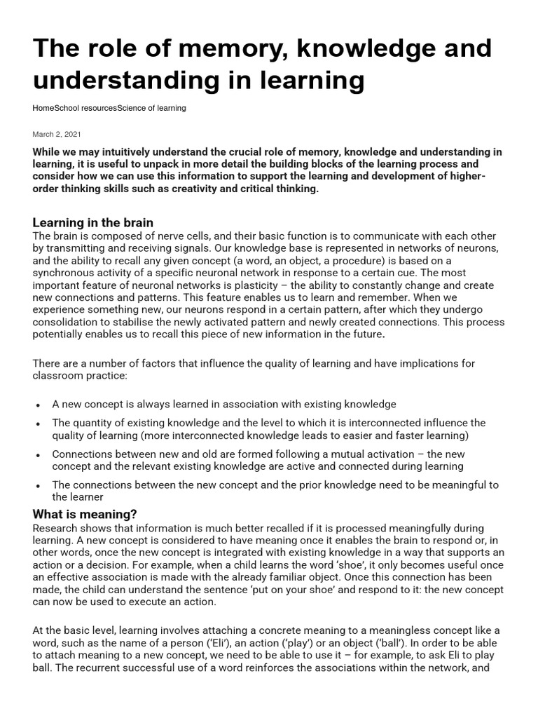 The Role of Memory | PDF | Memory | Learning