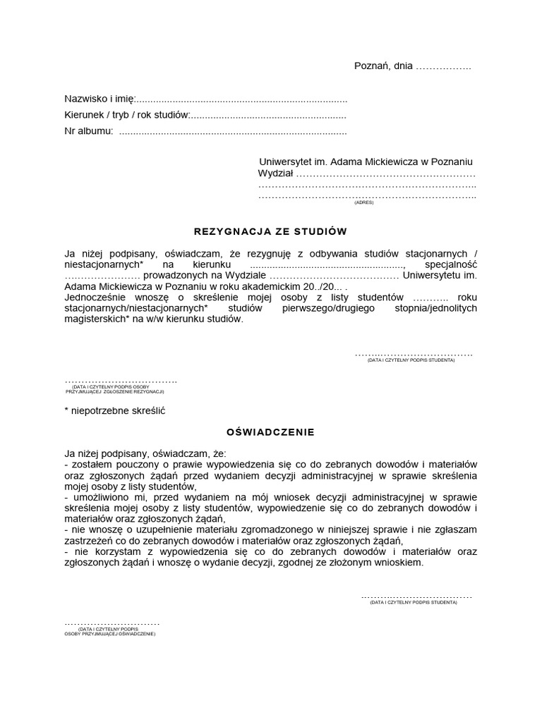 Wzor Rezygnacja Ze Studiow I Oswiadczenie | PDF