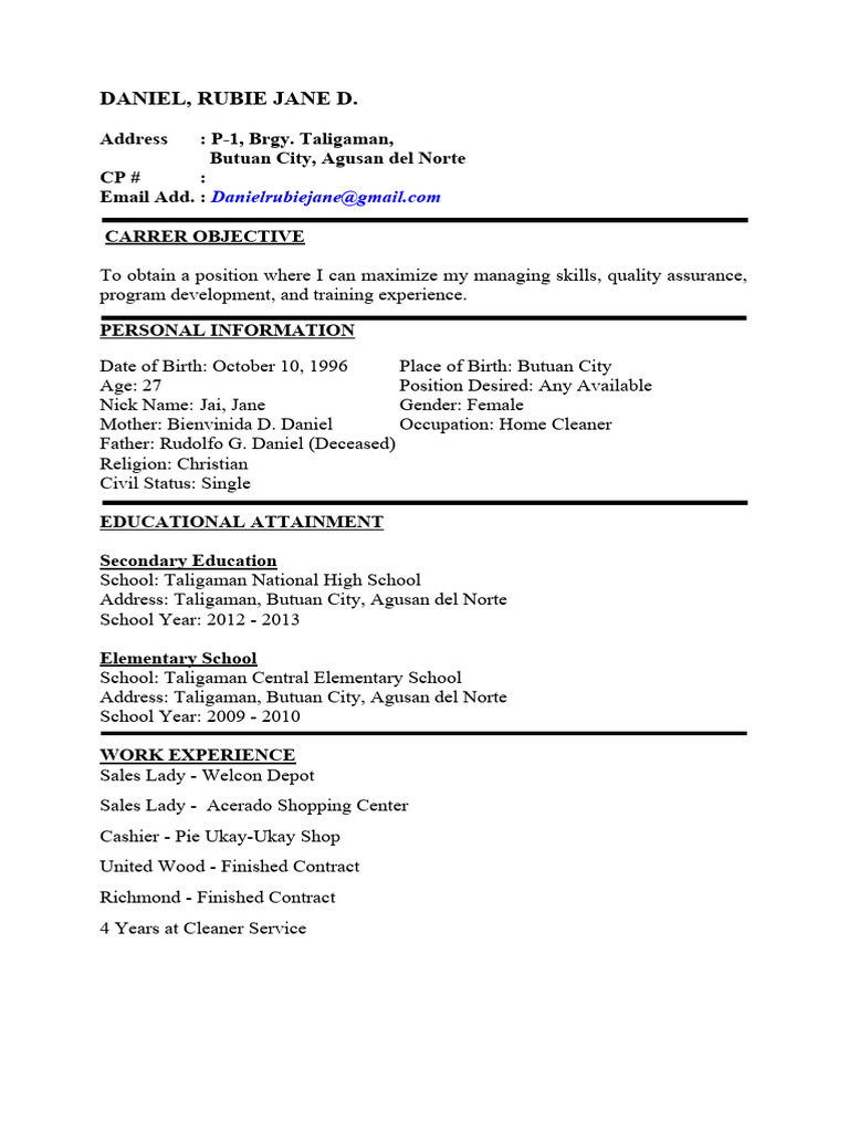 Rubie Jane Daniel's Resume Summary | PDF | Career & Growth