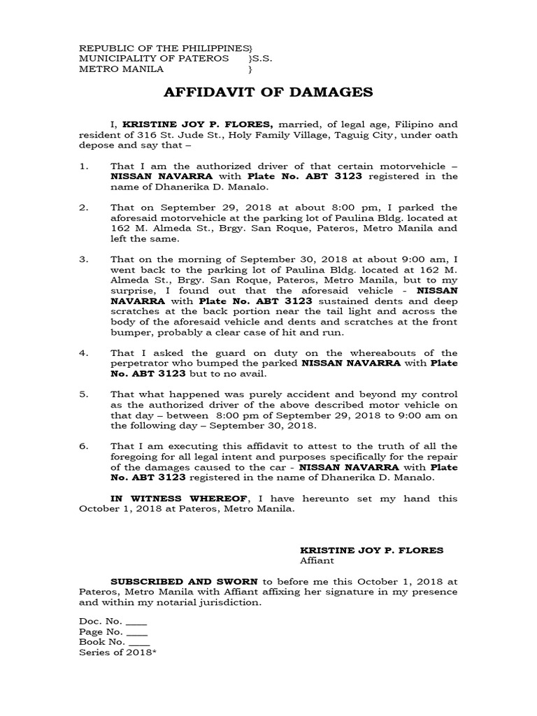 Affidavit of Damages - Eduardo Masinloc | PDF