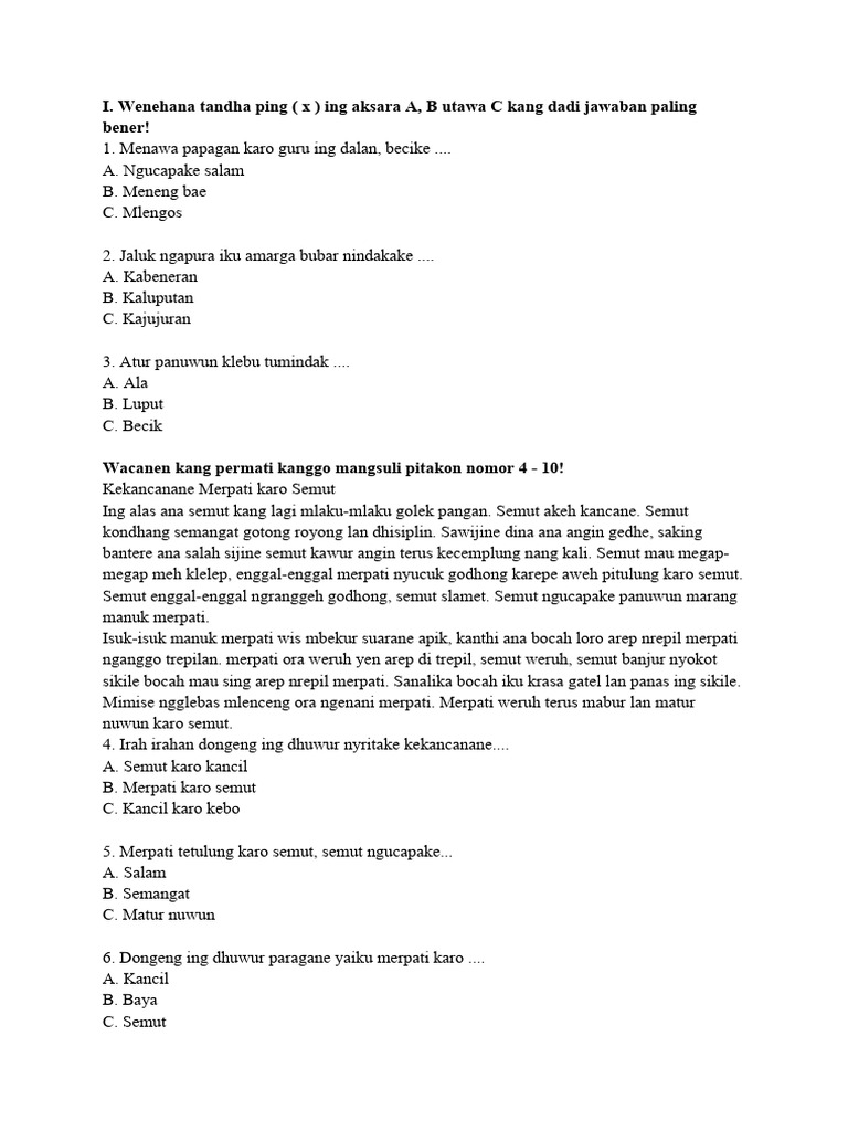 Latihan Soal Bahasa Jawa Kelas 1 | PDF