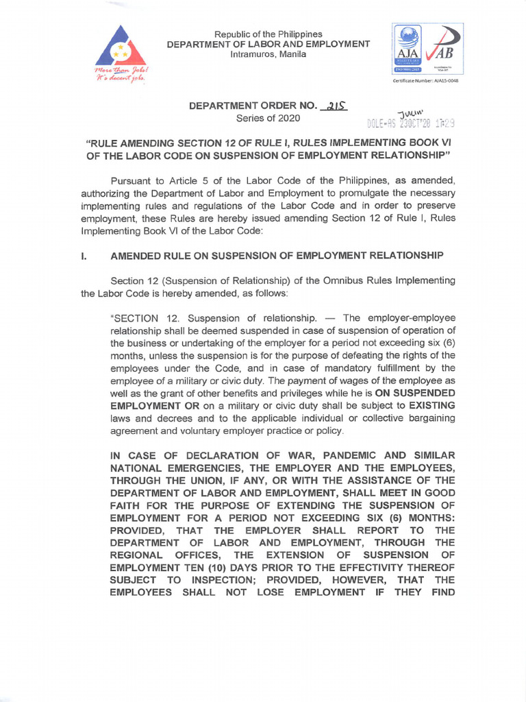 DO 215 20 Rule Amending Section 12 of Rule I Rules Implementing Book VI ...
