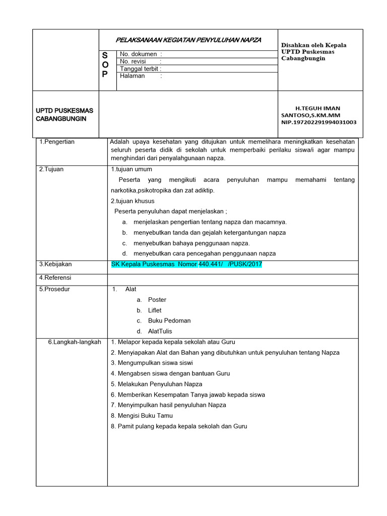 SOP Kegiatan Penyuluhan NAPZA | PDF