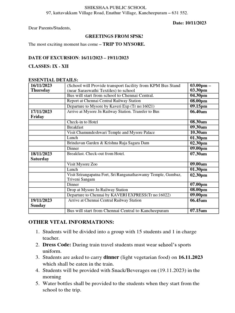 Excursion - Ix - Xii - 2023 - Mysore | PDF