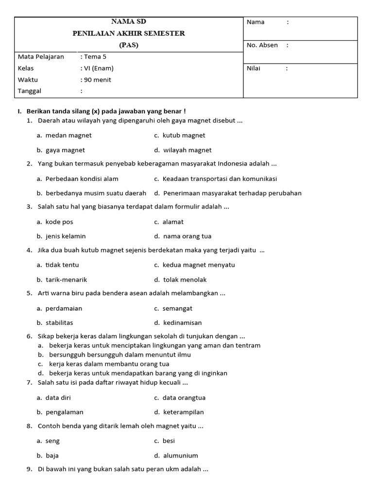 Soal PAS Kelas VI Tema 5 | PDF | Perjalanan