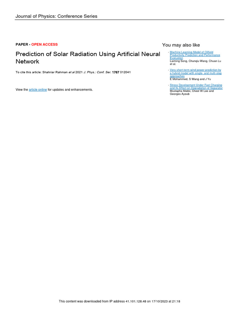 Prediction of Solar Radiation Using Artificial Neural Network | PDF | Mean Squared Error ...