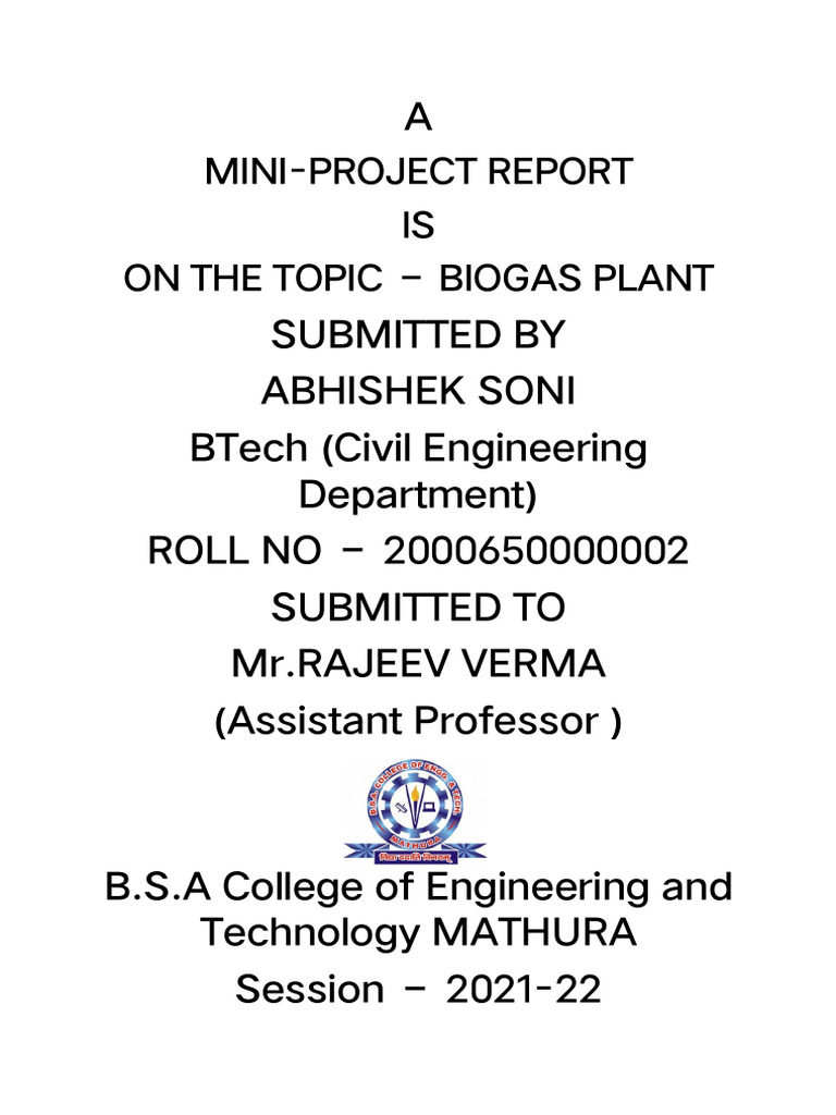 Biogas Plant Mini-Project Report | PDF | Biogas | Anaerobic Digestion
