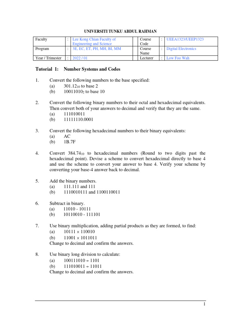 Tutorial 1-NumberSys | PDF | Binary Coded Decimal | Mathematics
