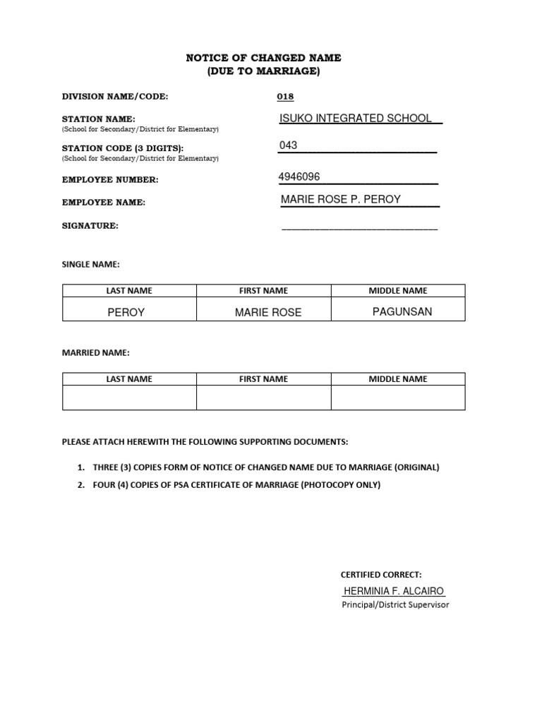 Notice of Changed Name Due To Marriage | PDF