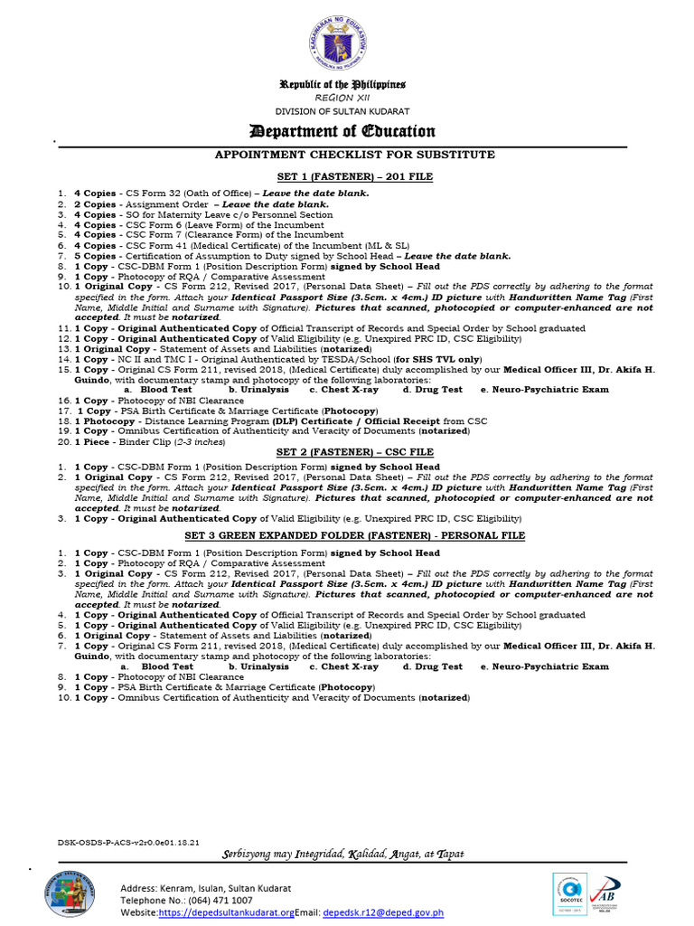 Substitute Teacher Appointment Checklist | PDF | Document | Government ...