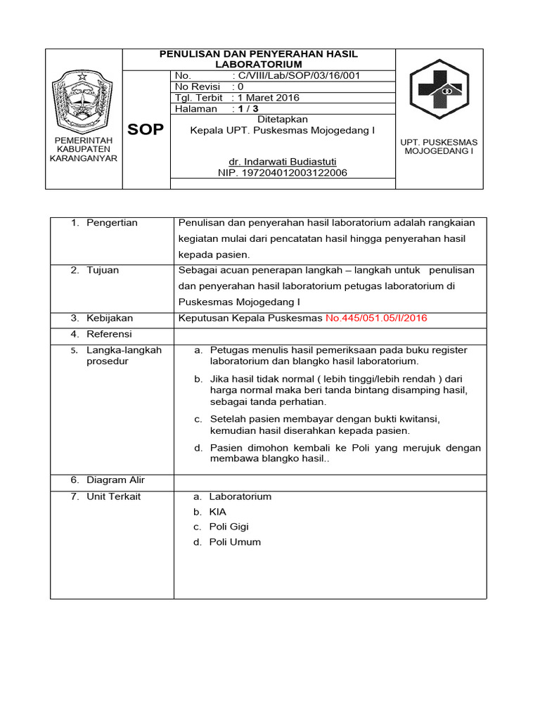 Sop Penulisan Dan Penyerahan Hasil Laboratorium | PDF