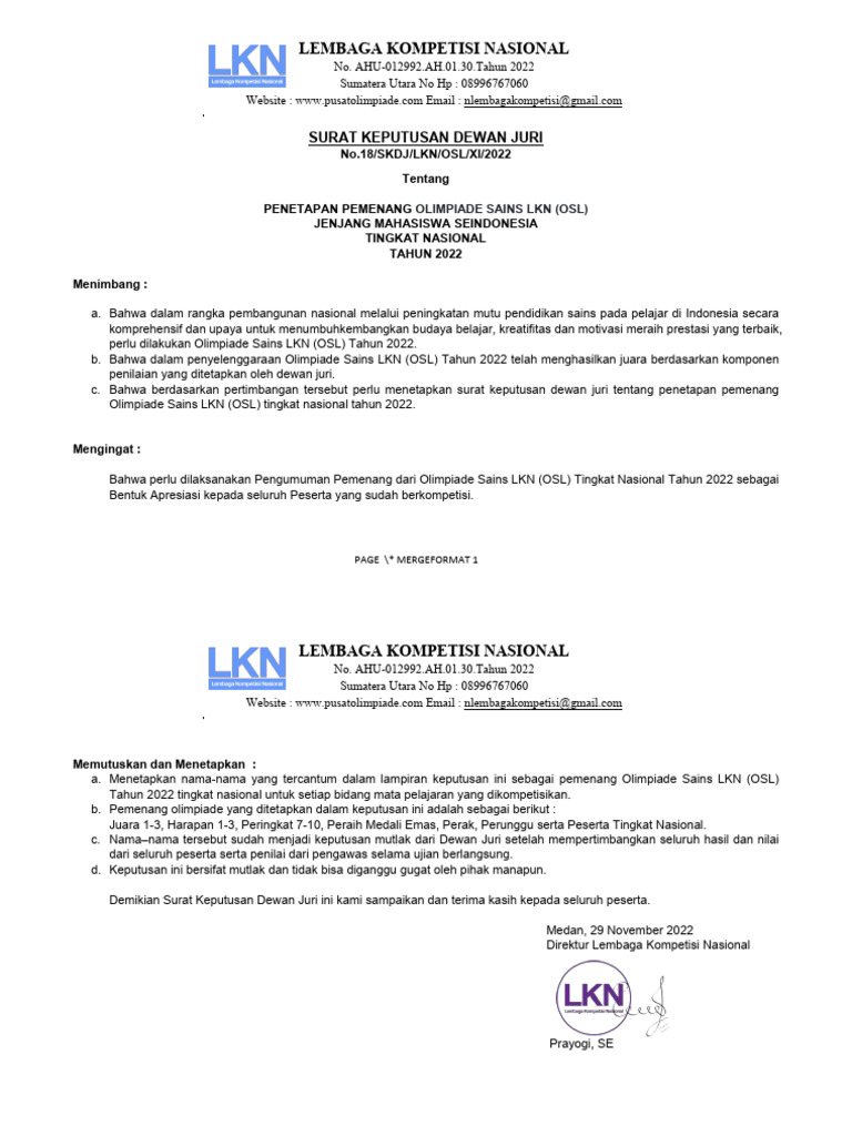 Pengumuman Tingkat Nasional Olimpiade Sains LKN (Osl) - Mahasiswa | PDF