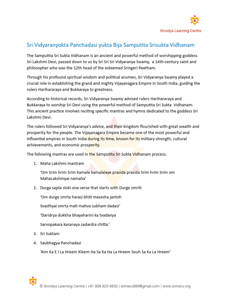 Sri Vidyaranyokta Panchadasi Yukta Bija Samputita Srisukta Vidhanam ...