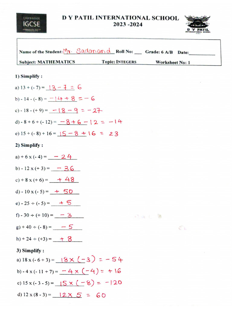 Integers Grade 6 WS 1 Solution | PDF