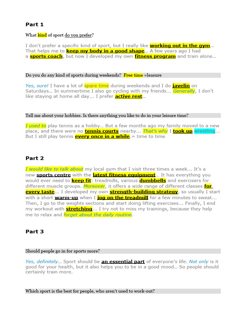 Speaking Task For IELTS | PDF | Weight Training | Sports