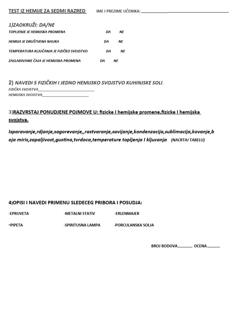 Test Iz Hemije Za Sedmi Razred | PDF