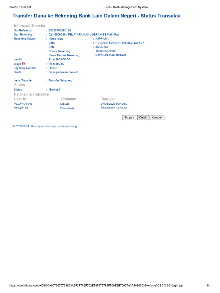 TRF Ke KJPP Mia Dan Rekan - Pembayaran Biaya Penilaian Properti Untuk Bigbox SCBB 02 - Keperluan ...