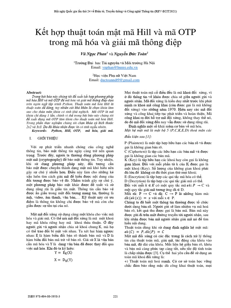 Kết hợp thuật toán mật mã Hill và mã OTP trong mã hóa và giải mã thông ...