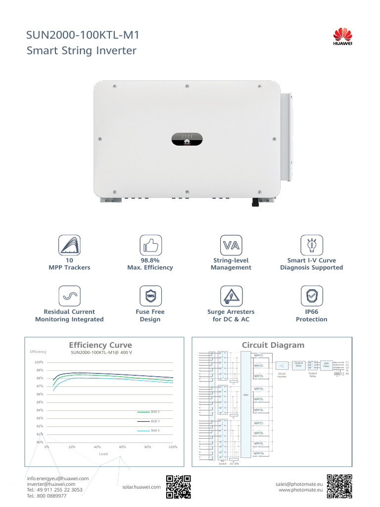 Fisa Tehnica Invertor On Grid Trifazat Huawei SUN2000-100KTL-M1 | PDF | Alternating Current ...