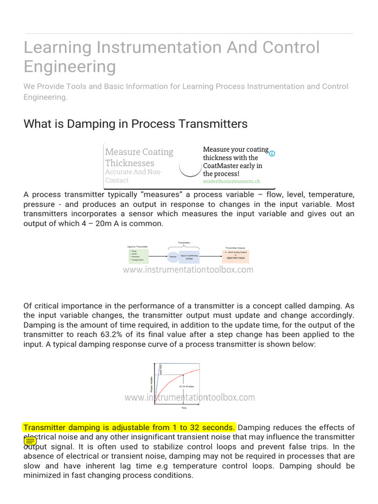 What Is Damping in Process Transmitters Learning Instrumentation and Control Engineering | PDF ...