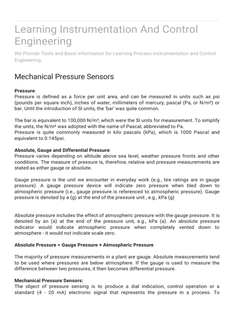 Mechanical Pressure Sensors Learning Instrumentation and Control Engineering | PDF | Pressure ...