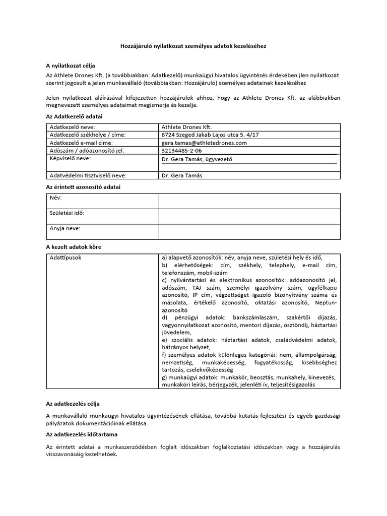 Adatvédelmi Hozzájárulási Nyilatkozat - Minta | PDF