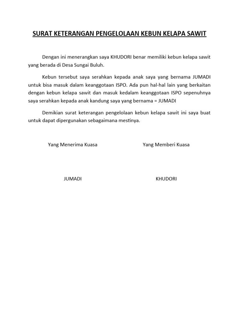 Surat Keterangan Pengelolaan Kebun Kelapa Sawit | PDF Surat Keterangan Pengelolaan Kebun Kelapa Sawit | PDF