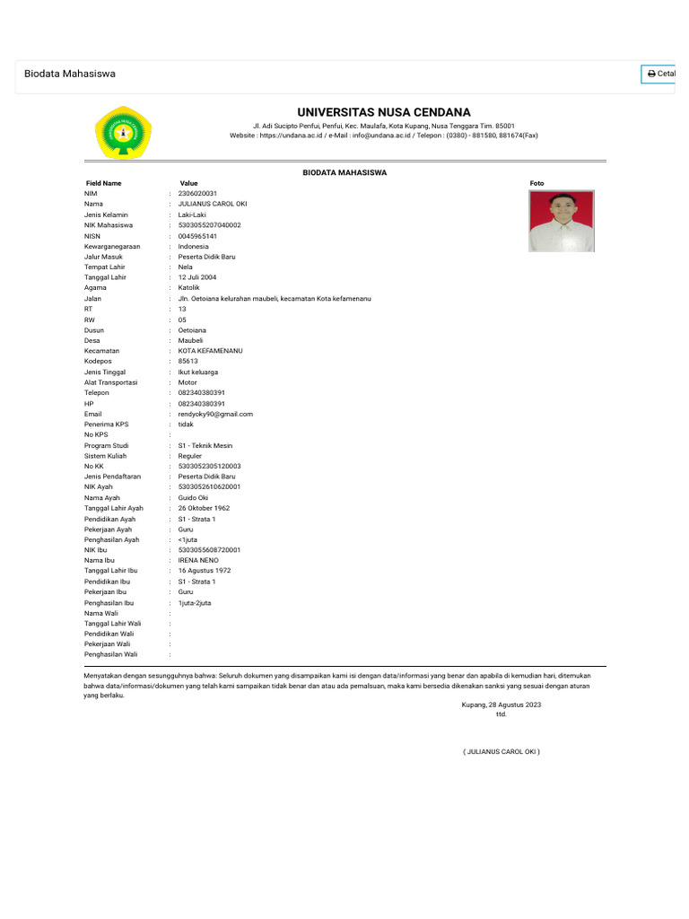 Biodata Mahasiswa | PDF