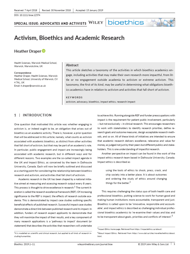 Draper 2019 Bioethics | PDF | Bioethics | Activism