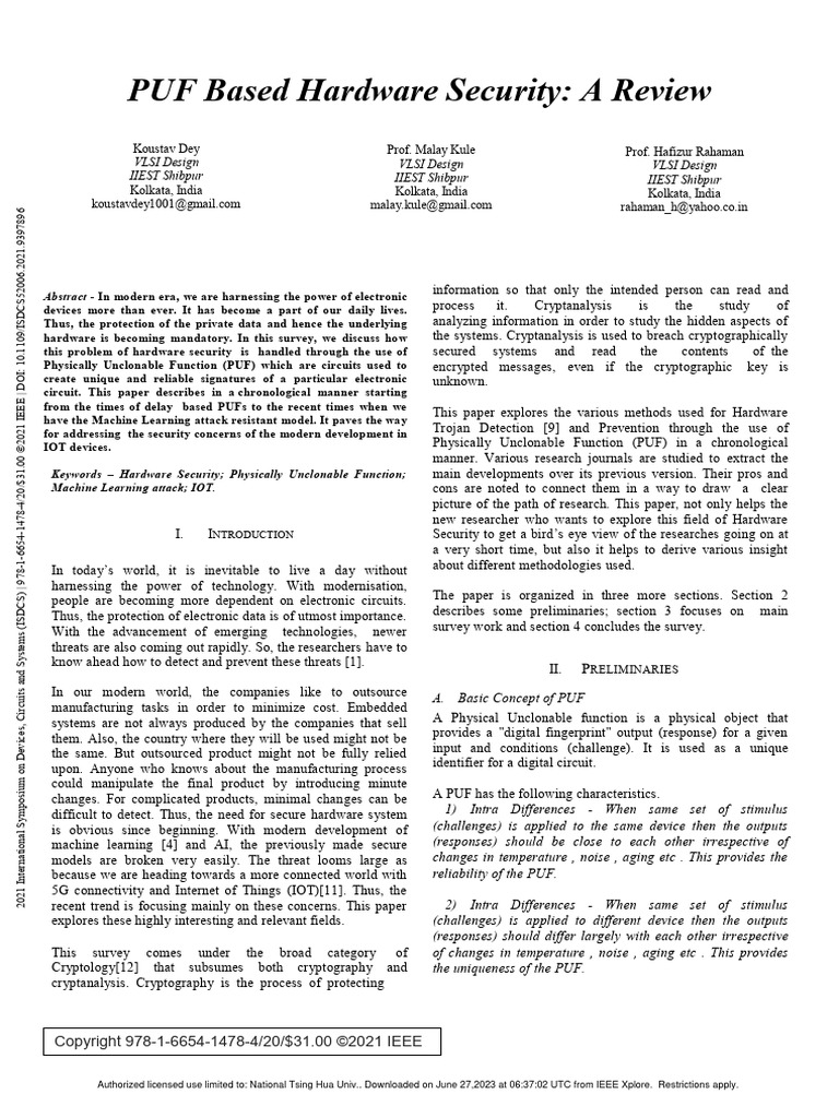 PUF-Based Hardware Security Review | PDF | Artificial Neural Network ...