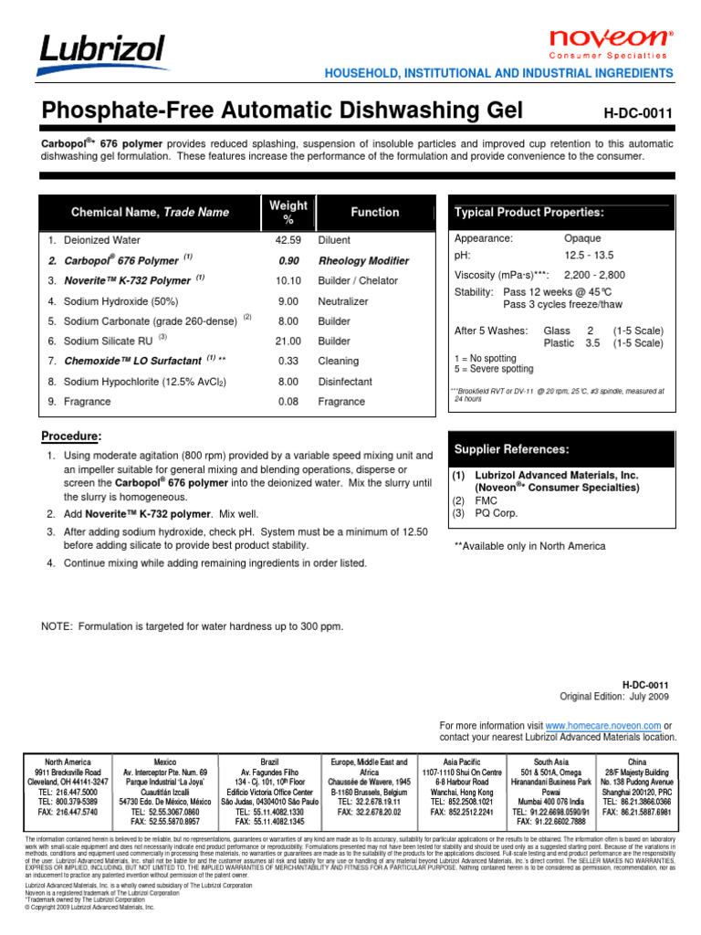 H-DC-0011 Phosphate-Free Automatic Dishwashing Gel | PDF | Sodium Hydroxide | Pharmaceutical ...