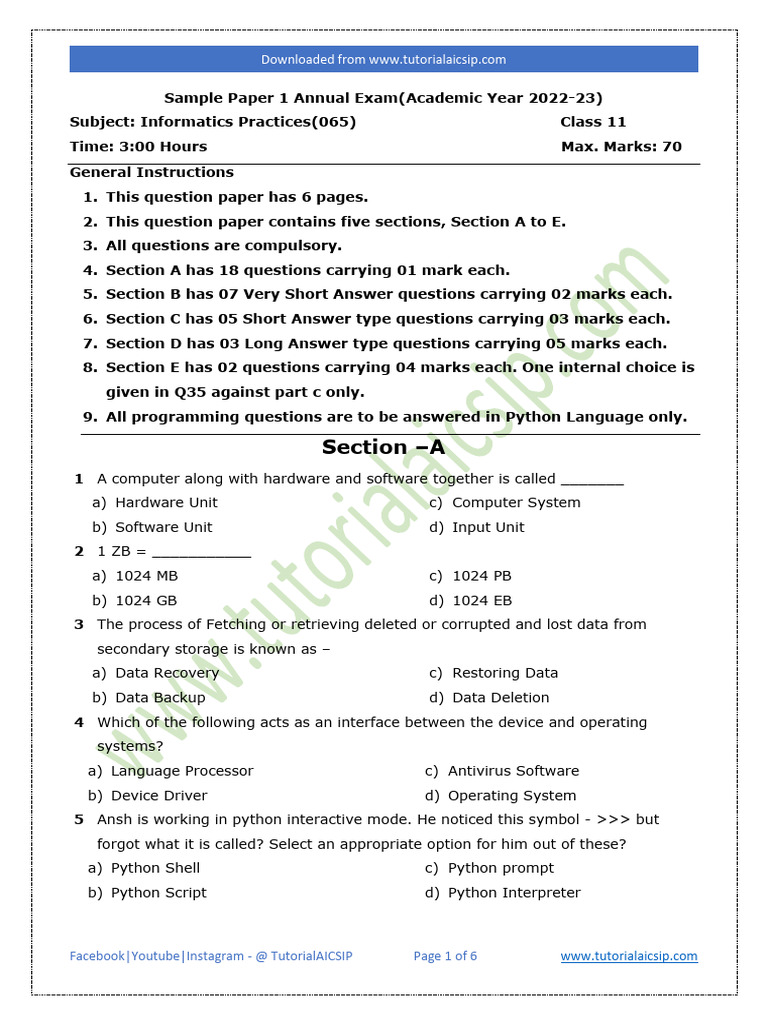 Class 11 IP Annual Exam (QP) Sample Paper 1 | PDF | Databases | Byte