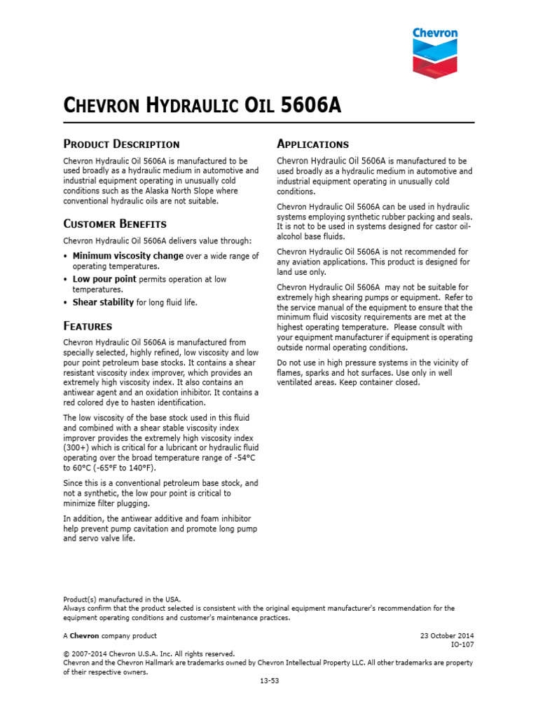 Chevron Hyd 5606A | PDF | Viscosity | Oil