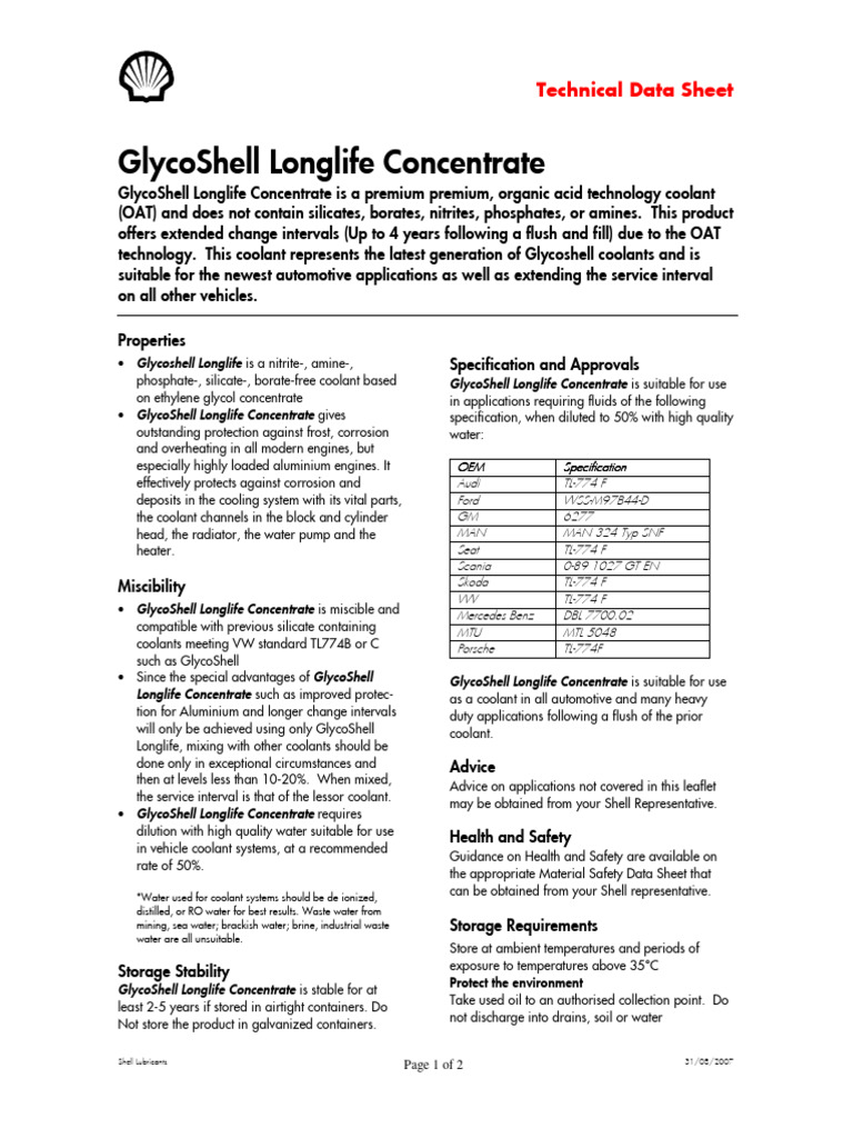 Glycoshell Longlife Coolant Overview | PDF | Water | Chemistry
