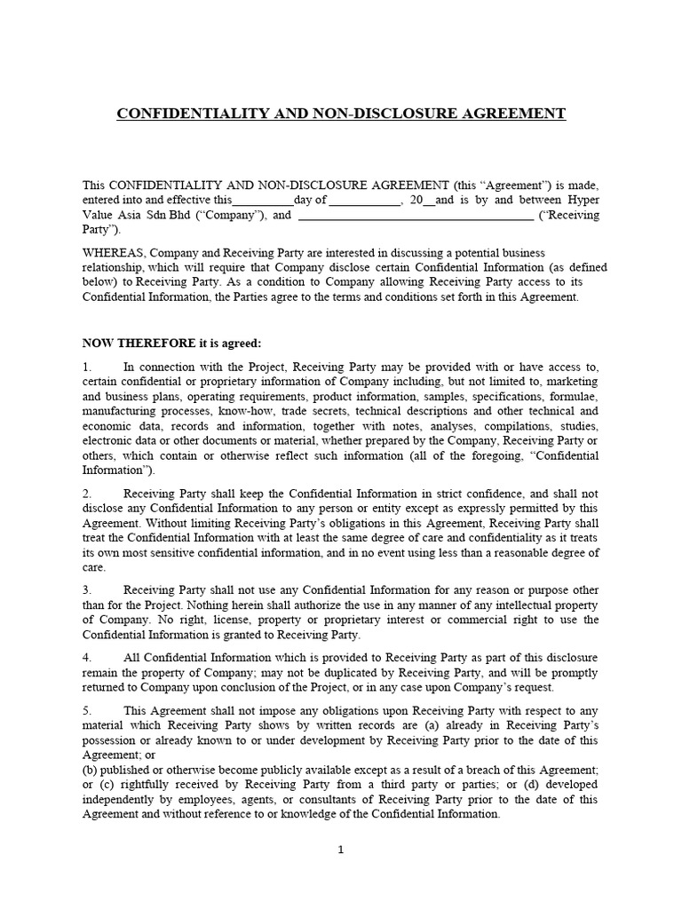 Confidentiality and Non Disclosure Agreement | PDF | Non Disclosure ...