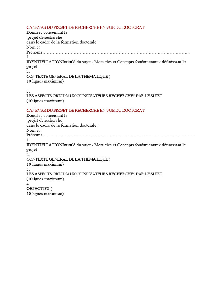 Canevas de Projet de Recherche Doctoral | PDF | Méthodes et références ...