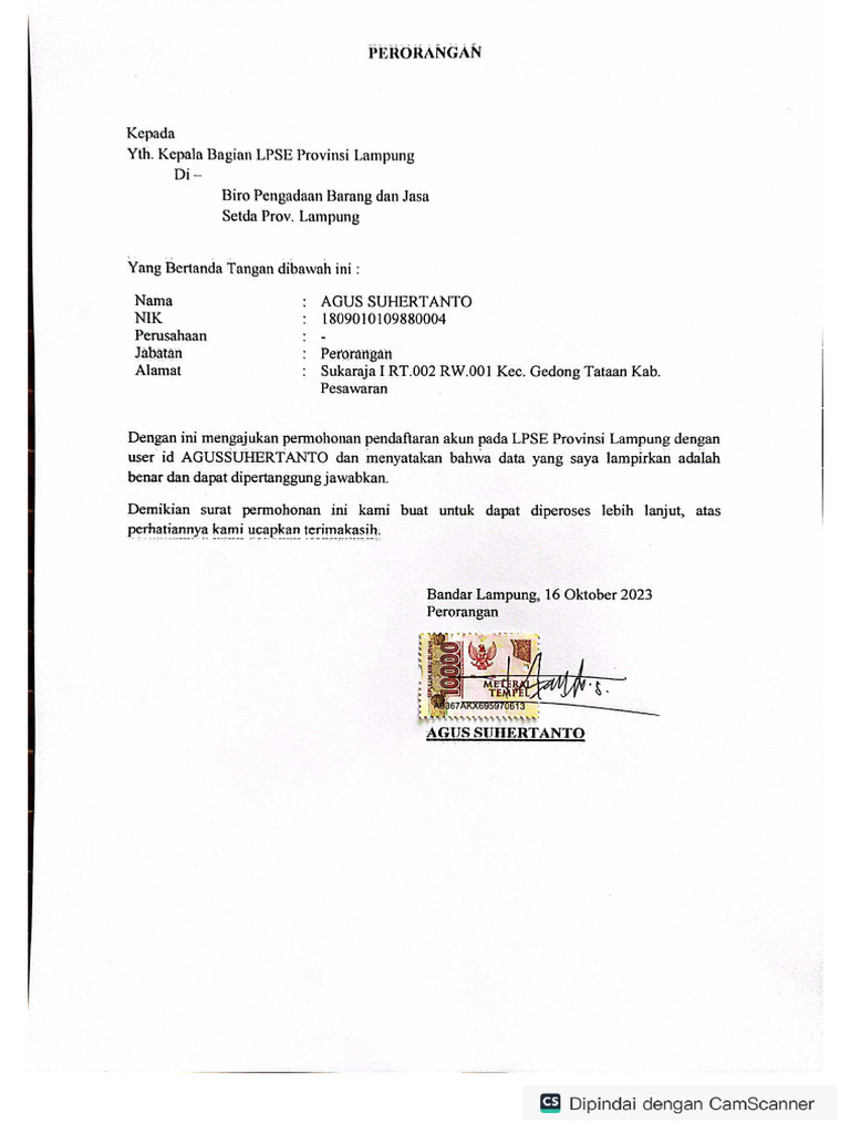 Surat Permohonan Lpse | PDF