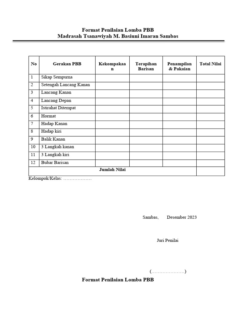 Format Penilaian Lomba PBB PPMBI 2023 | PDF
