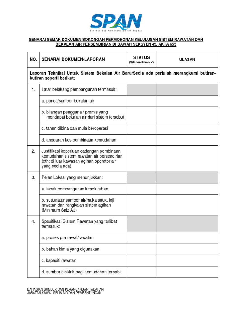 Senarai Semak Kelulusan Sistem Bekalan Air Persendirian Seksyen 45 (2020) | PDF