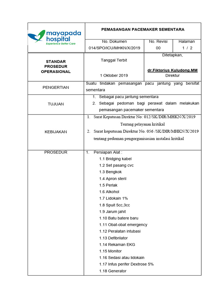 Spo - Icu - 014 Pemasangan Pacemaker Sementara | PDF