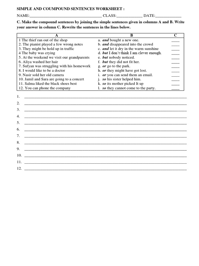 English Grammar Worksheet - Simple and Compound Sentences | PDF