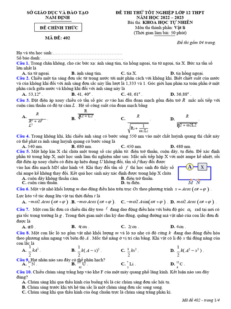De Thi Thu Tot Nghiep THPT 2023 Mon Vat Li So GDDT Nam Dinh | PDF