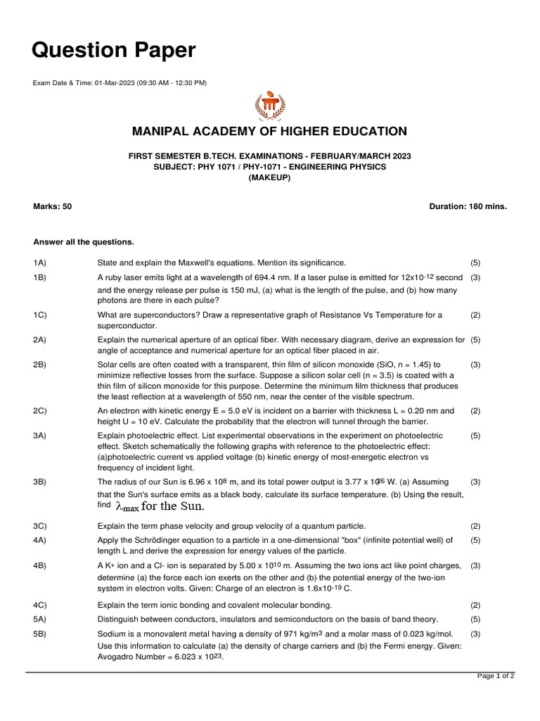 Phy 1071 - Phy-1071 - Engineering Physics-2 | PDF | Photoelectric Effect | Electron