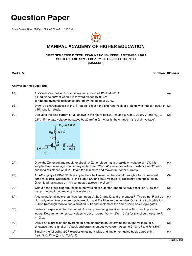 Basic Electronics Exam Paper | PDF | Modulation | Diode