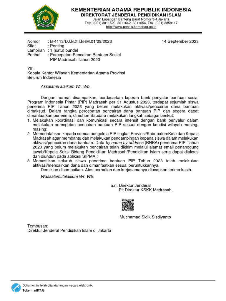 23.08.31 Surat Perintah Percepatan Pencairan PIP Tahun 2023 | PDF