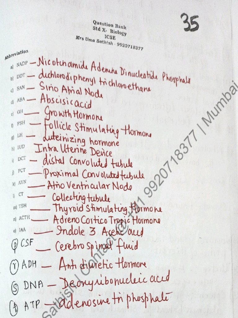 Abbreviations Full-Forms Biology 10th | PDF