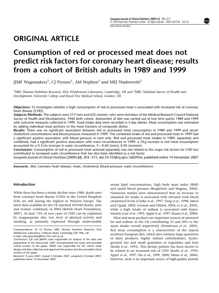 Consumption of Red or Processed Meat Does Not Predict Risk Factors For ...