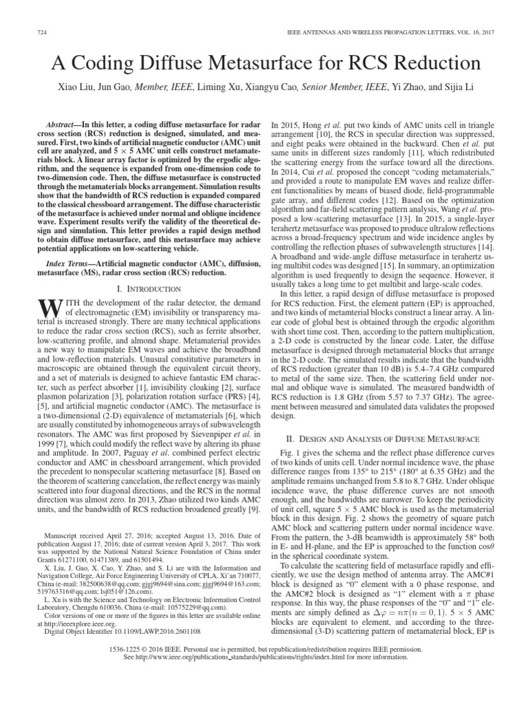 A Coding Diffuse Metasurface For RCS Reduction | PDF | Metamaterial ...