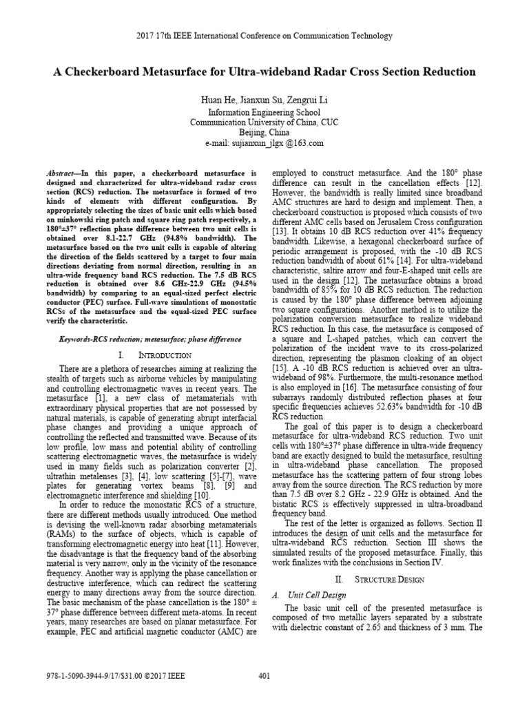A Checkerboard Metasurface For Ultra-Wideband Radar Cross Section Reduction | PDF | Waves ...